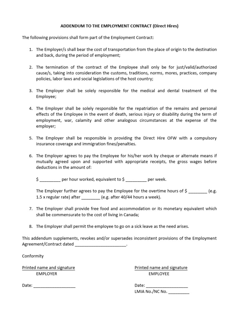 Employment Contract Addendum for Direct Hires | PDF