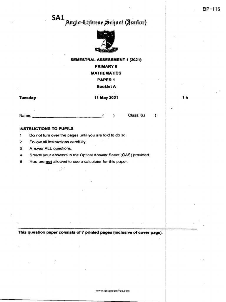 P6 Maths 2021 SA1 ACS Junior | PDF