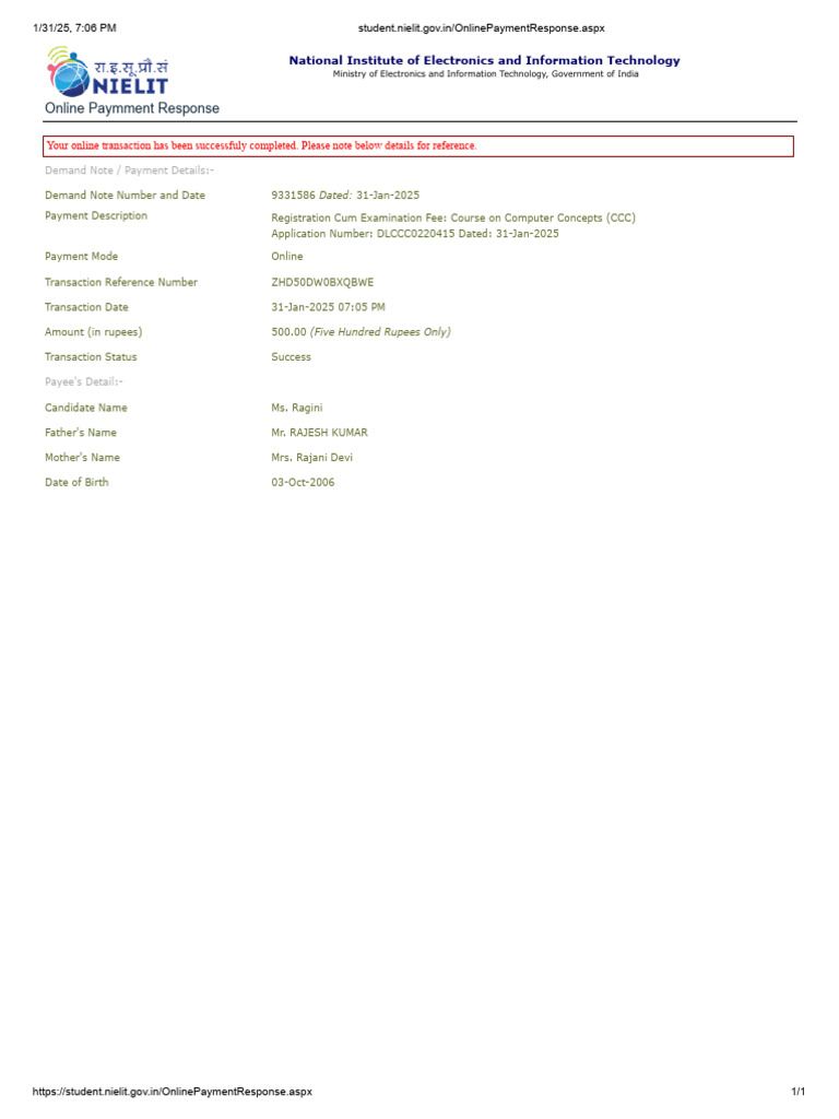 Student.nielit.gov.in OnlinePaymentResponse.aspx | PDF