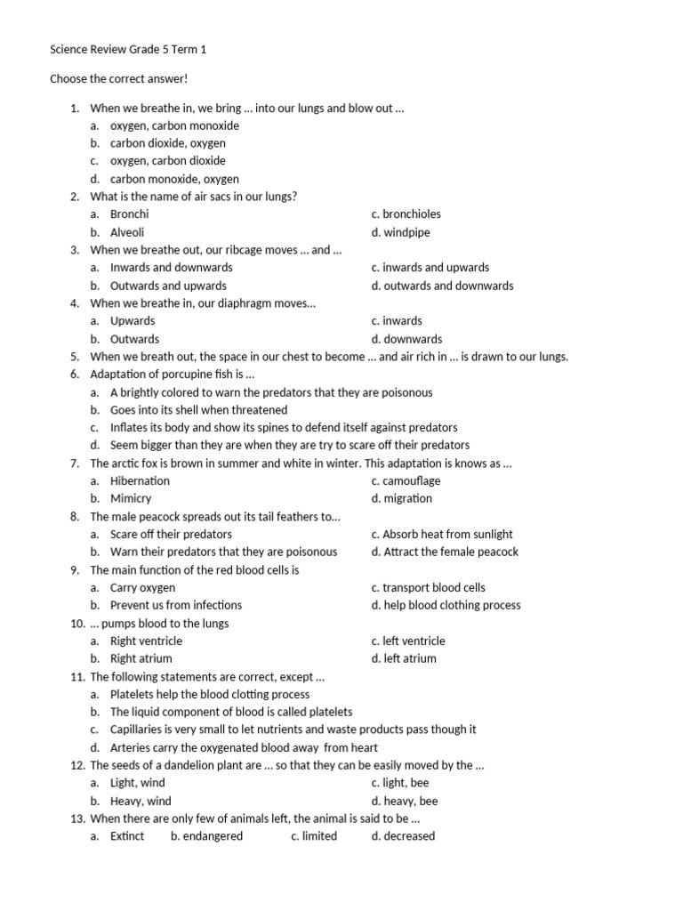Science Review Grade 5 Term 1 | PDF | Lung | Water