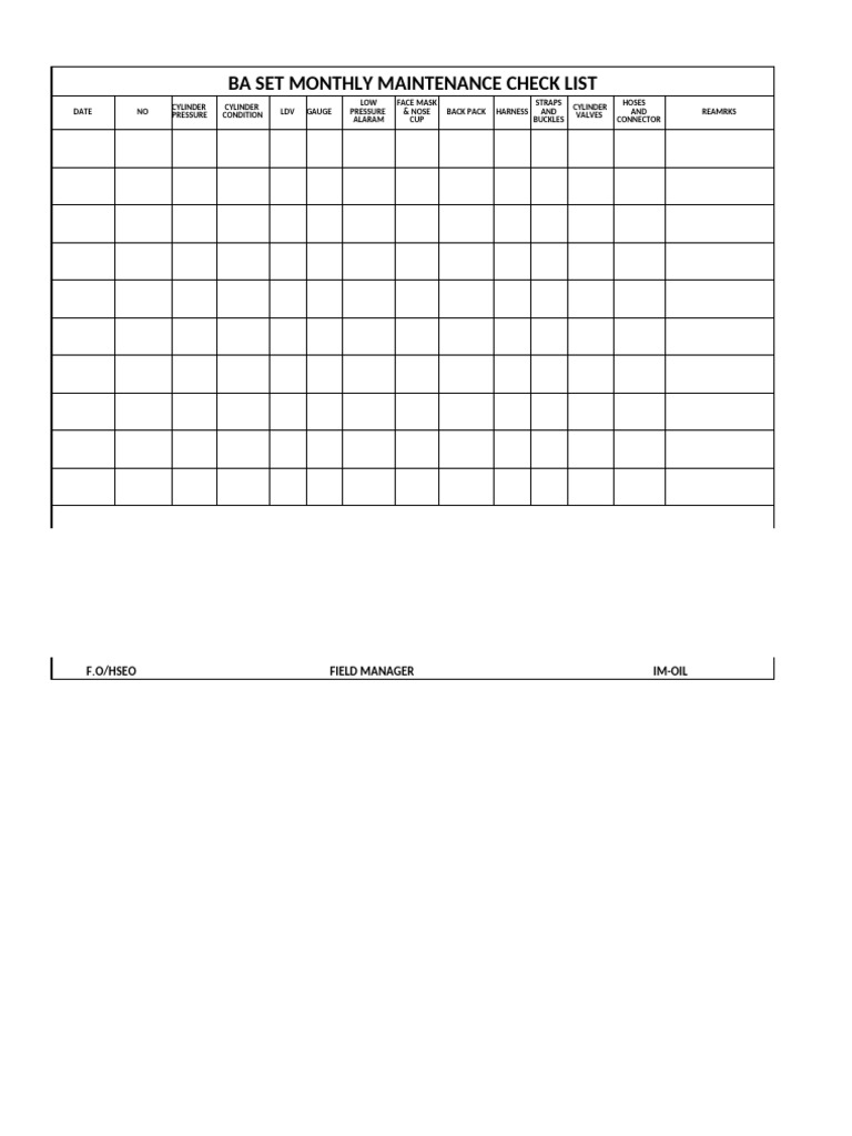 Ba Set Monthly Maintenance Checklist | PDF