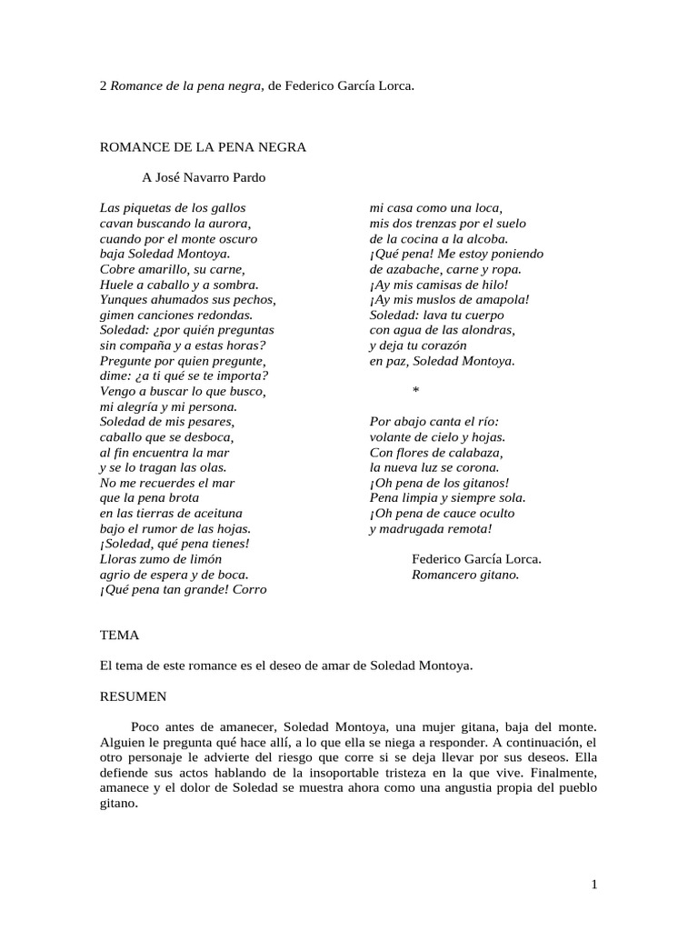Análisis del Romance de la Pena Negra | PDF | Amor | Federico García Lorca