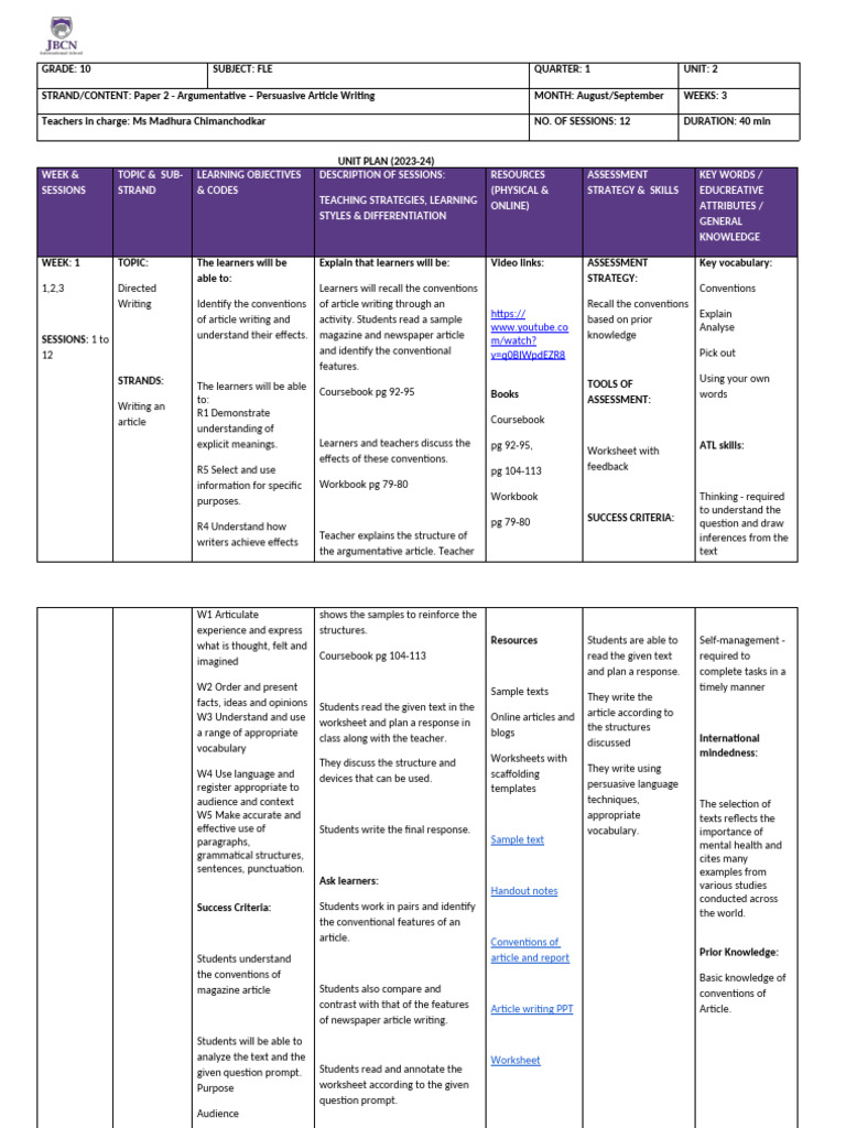 Q1 - Unit Plan - Article Writing | PDF | Learning | Communication