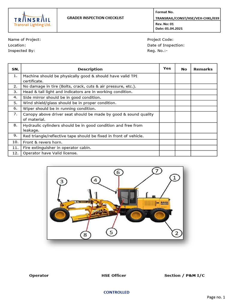 Grader Inspection Checklist | PDF