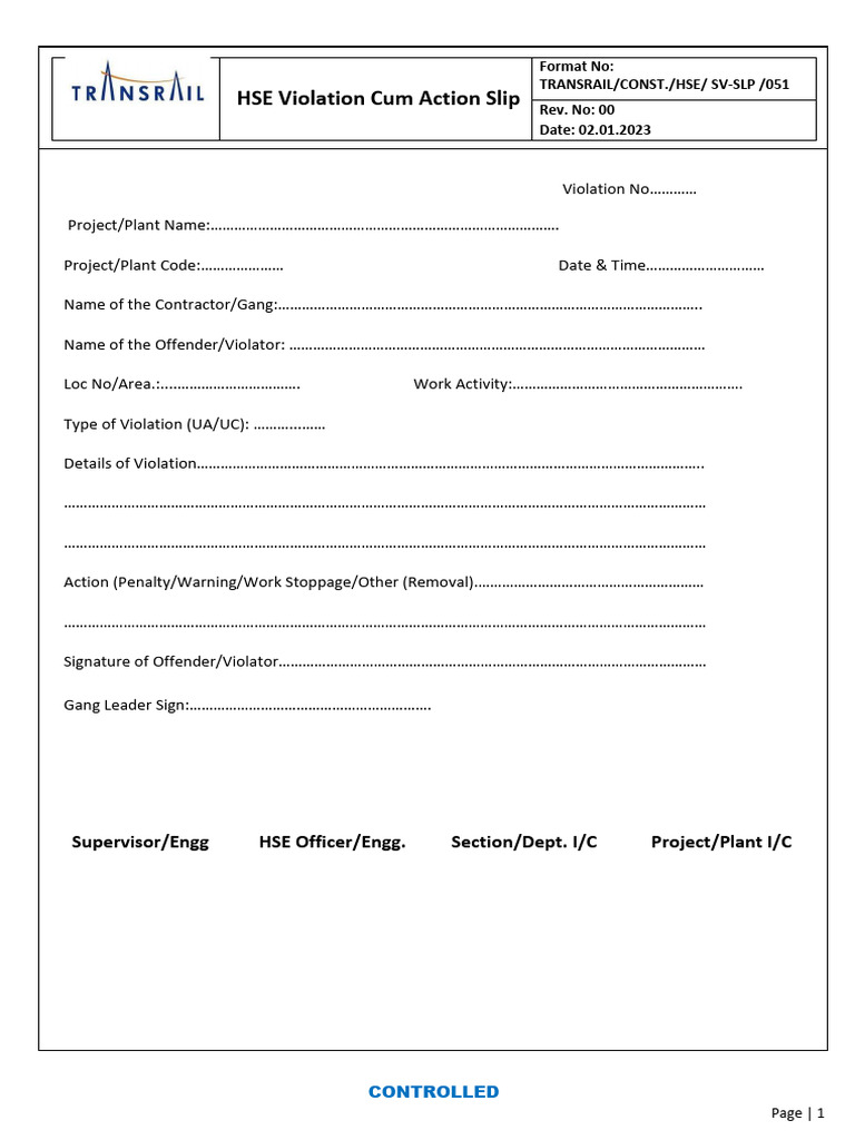 HSE Violation Action Slip | PDF