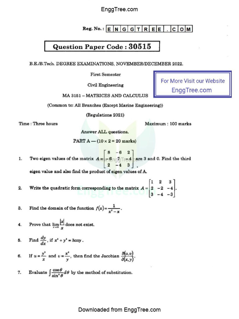 MA3151 Martices and Calculus Nov Dec 2022 Question Paper 1 Download | PDF
