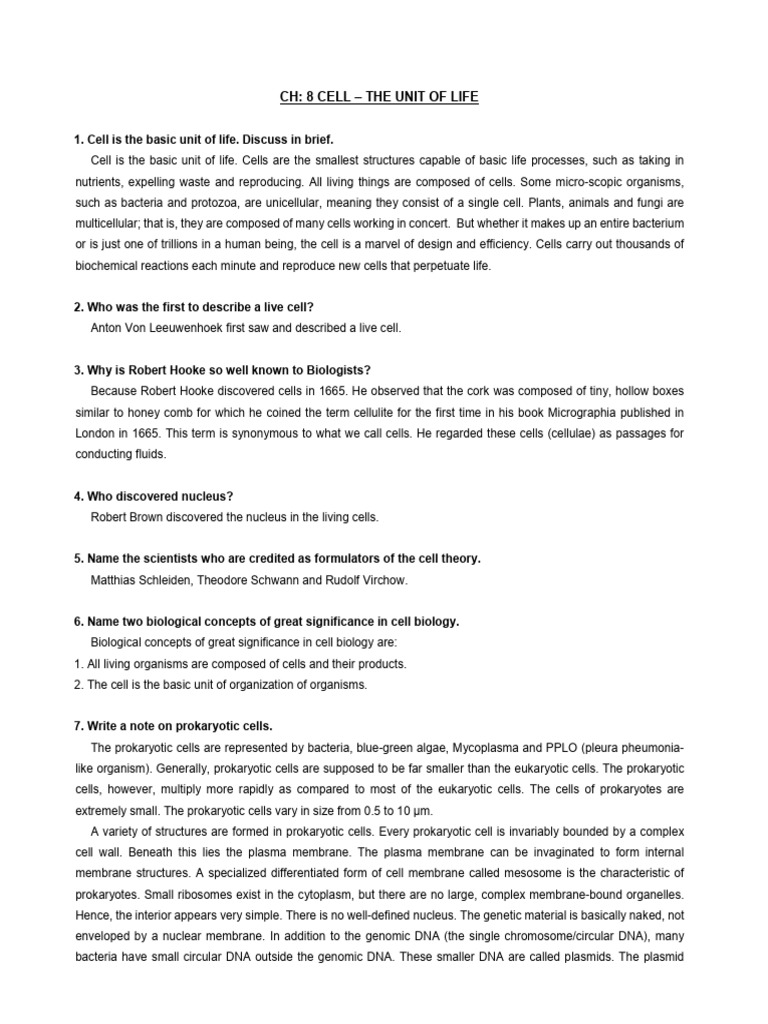 Practice Questions For Grade 11 Cell - The Unit of Life | PDF ...
