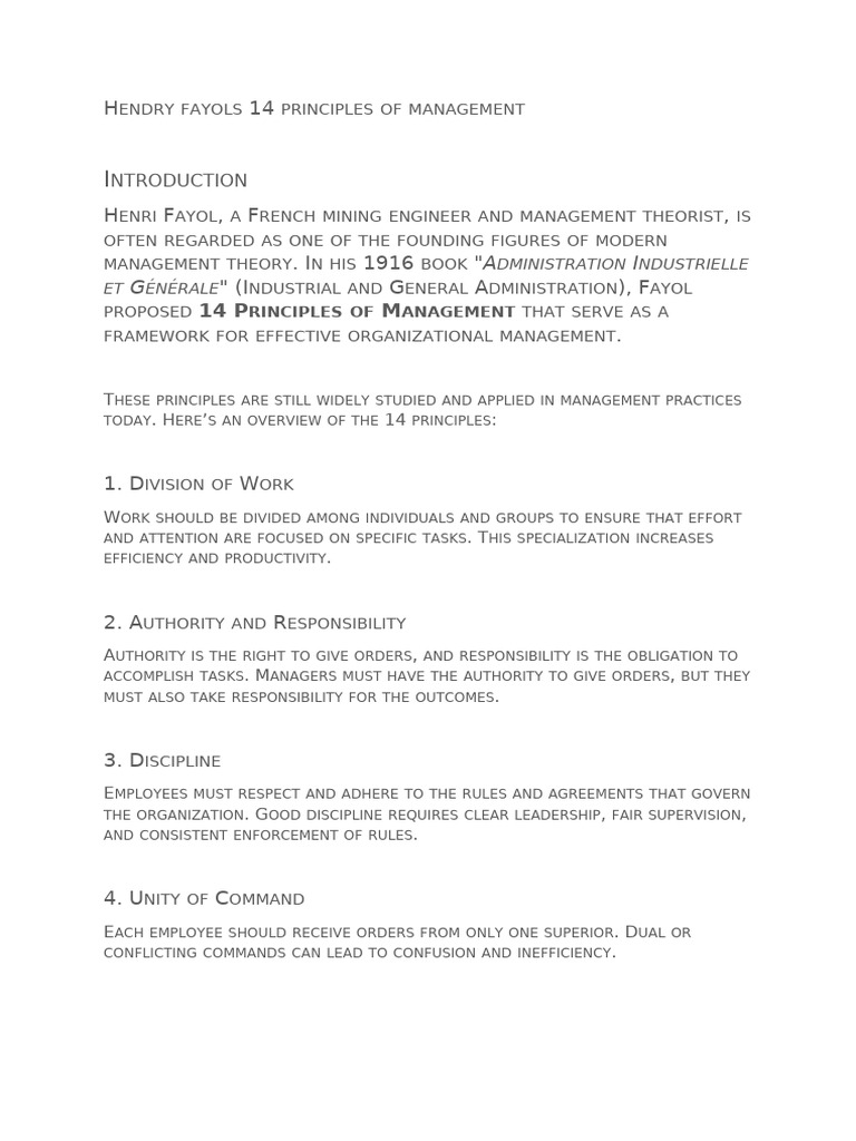 Hendry Fayols 14 Principles of Management | PDF | Business | Leadership