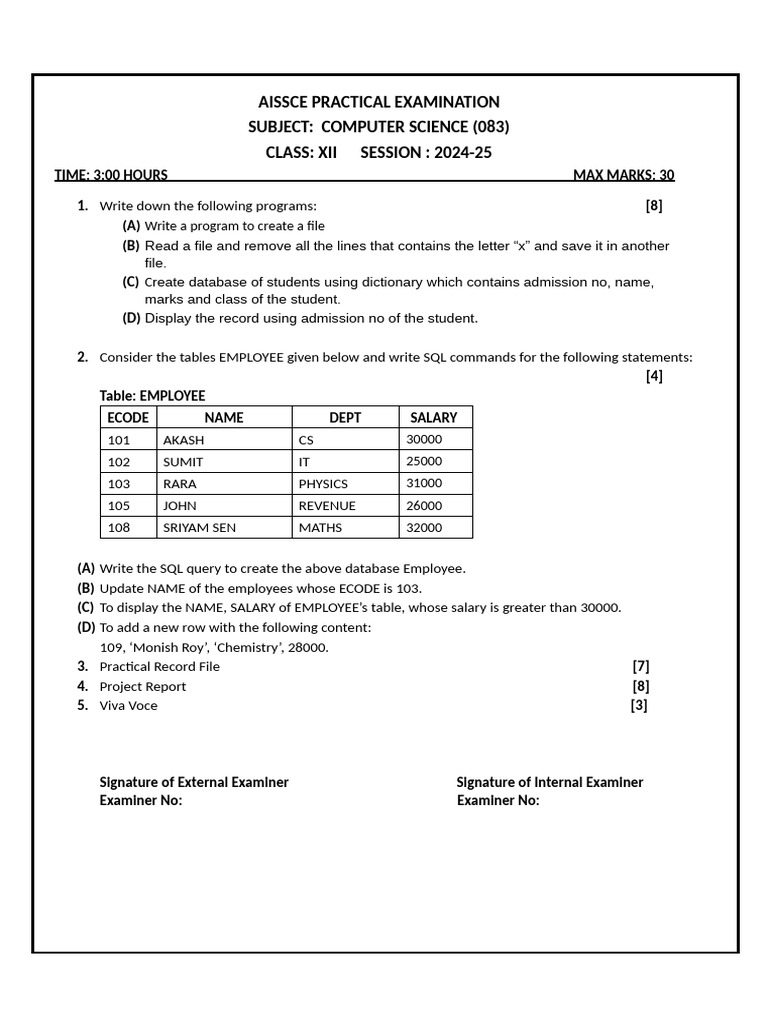 Idrs Aissce Comp SC Practical-2025 QP | PDF