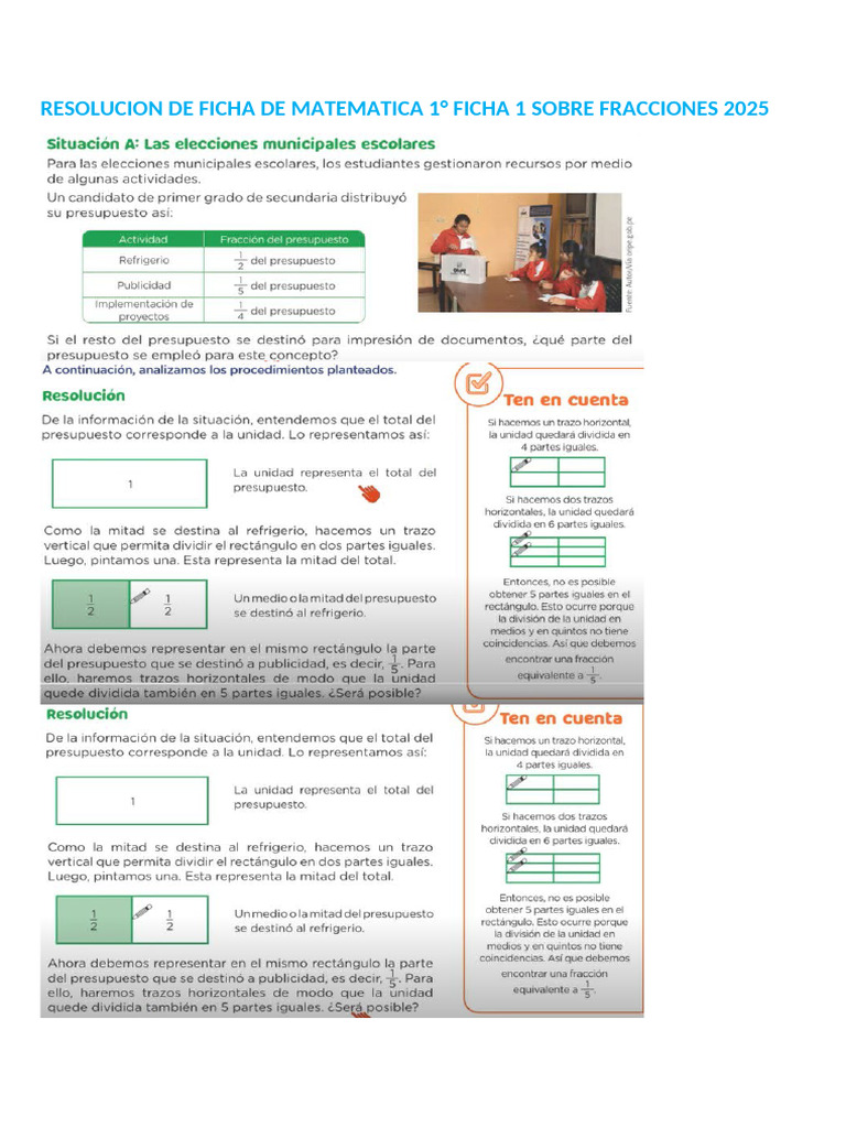 Resol ficha 1 mat. 1° fracciones 2025 | PDF