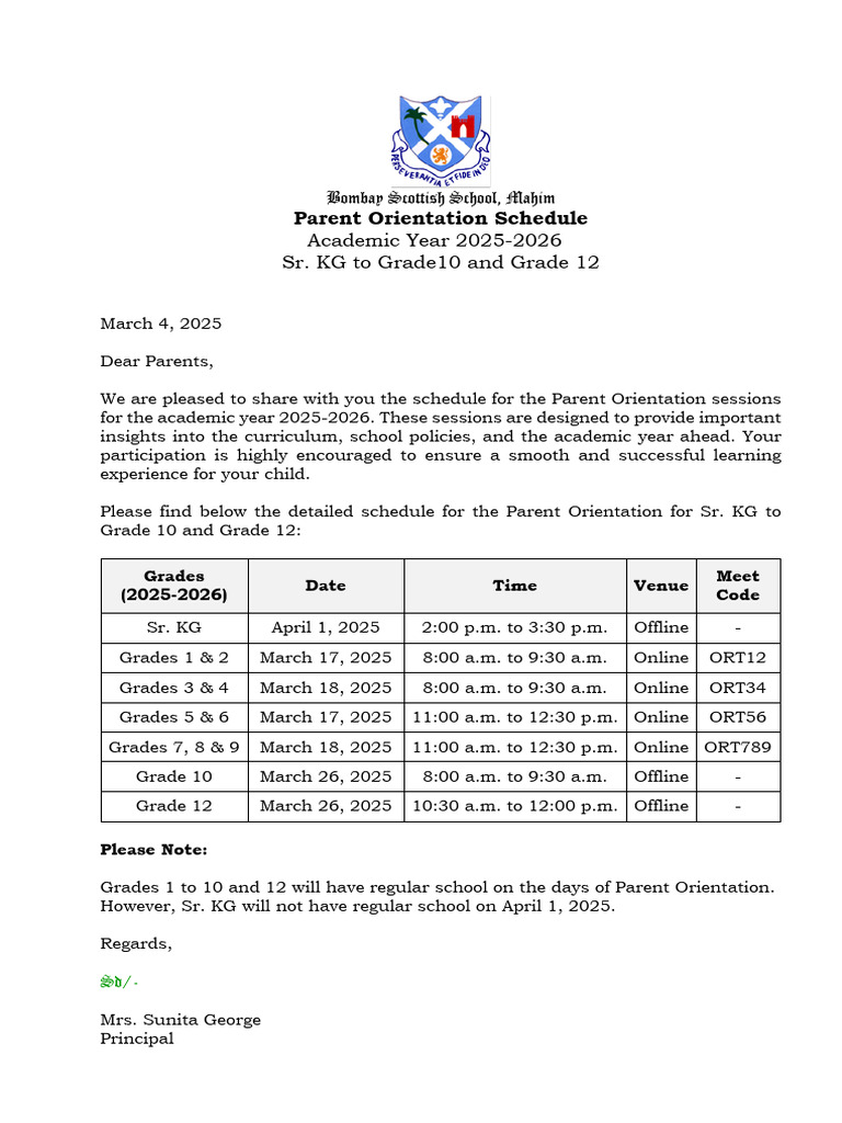 Academic Year 2025-2026 Sr. KG To Grade10 and Grade 12: Parent Orientation Schedule | PDF
