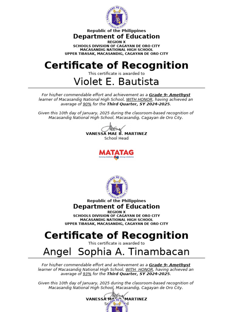 Cert of Recognition Honors | PDF