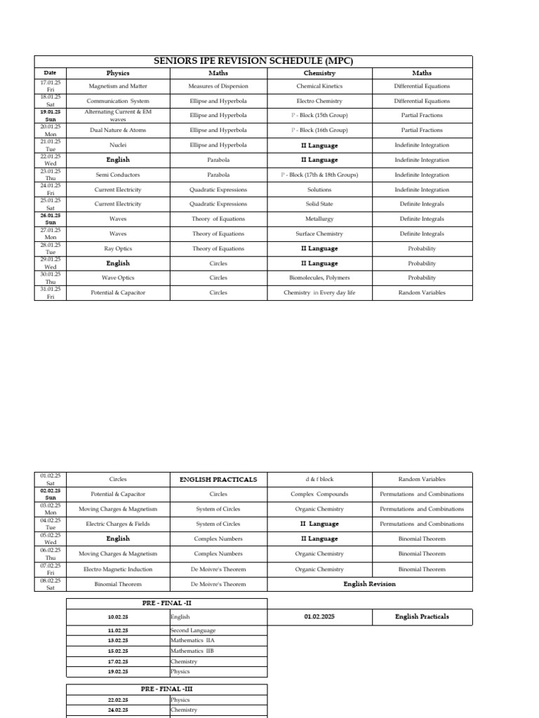 Senior IPE Revision Schedule | PDF | Chemistry | Integral