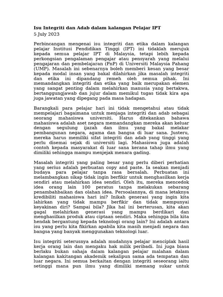 Isu Integriti Dan Adab Dalam Kalangan Pelajar IPT | PDF