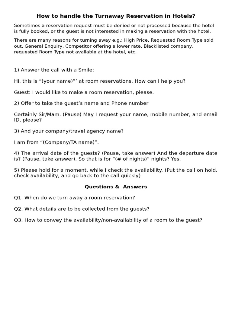 SOP For How To Handle The Turnaway Reservations in Hotels | PDF