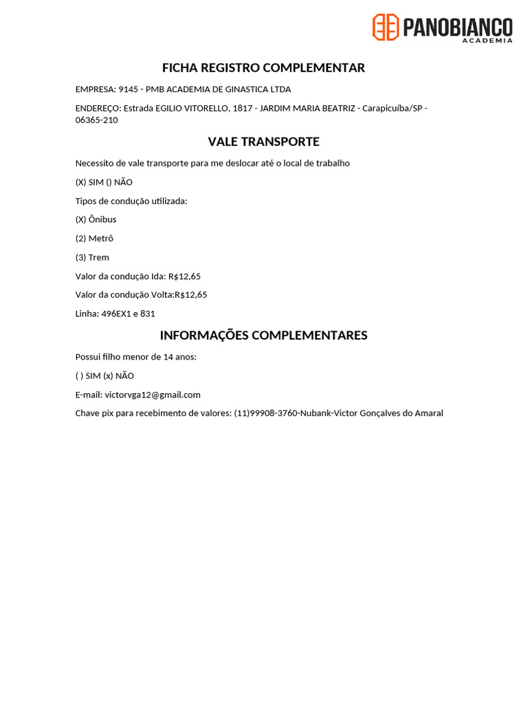 Ficha Registro Complementar Victor | PDF