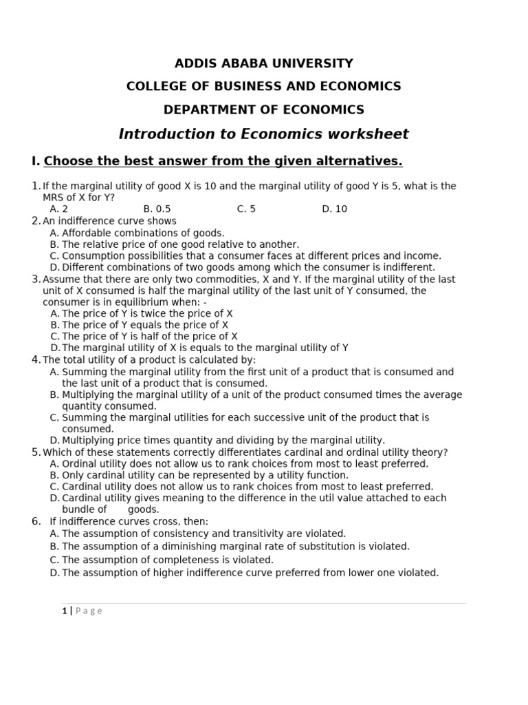 Economics Worksheet (2017) AAU | PDF | Utility | Perfect Competition