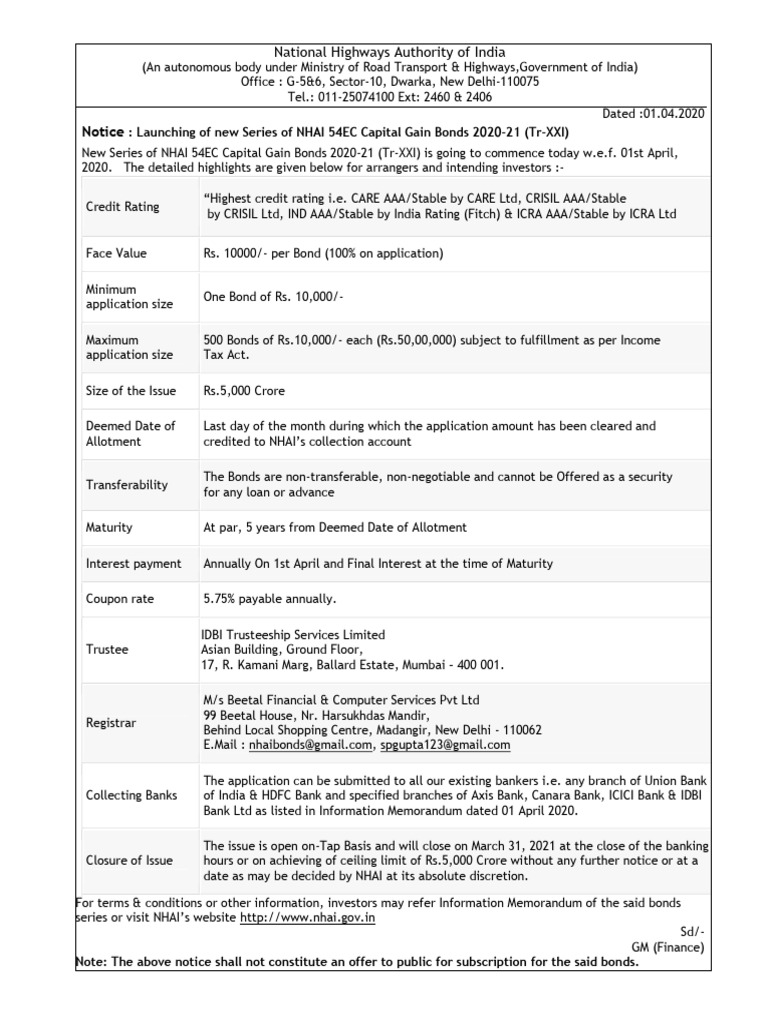NHAI 54EC Capital Gain Bonds Launch 2020 | PDF | Bonds (Finance) | Bond ...