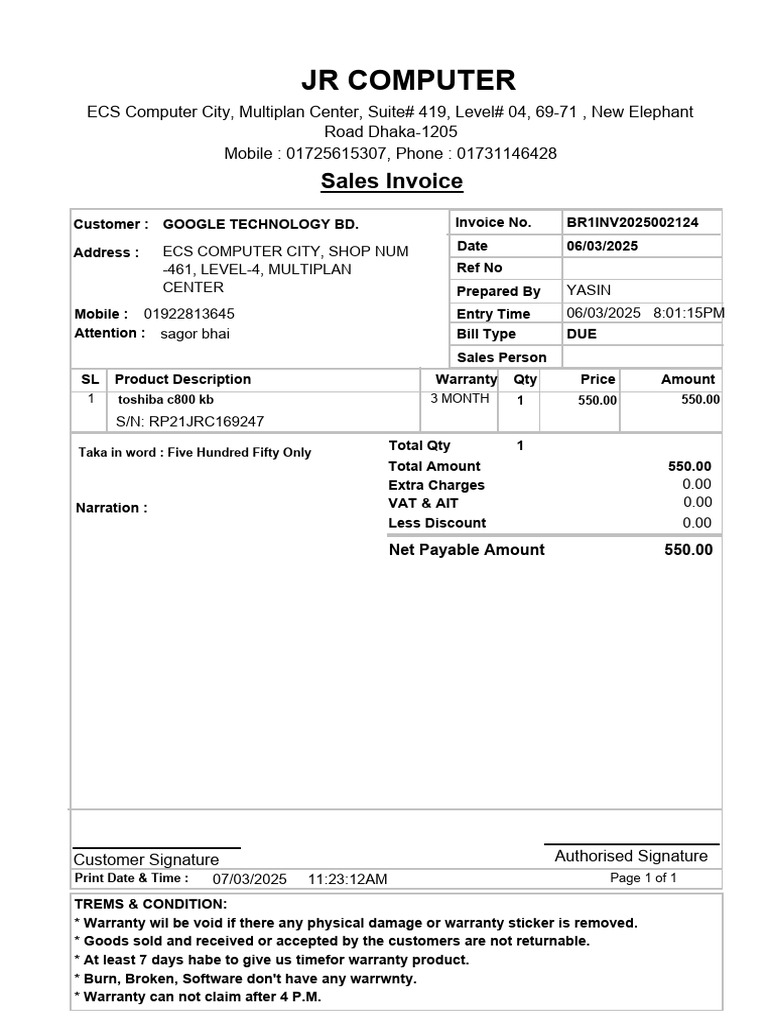 Sales Invoice for Toshiba C800 KB | PDF