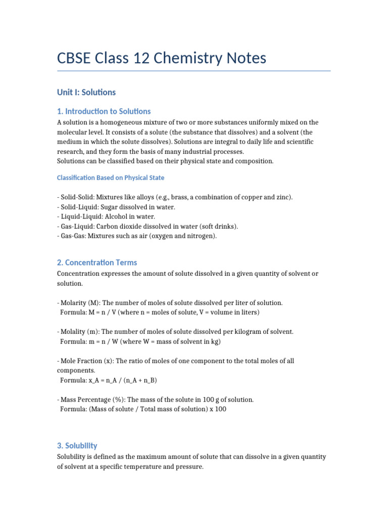 CBSE Class 12 Chemistry Unit 1 Solutions Complete | PDF | Solubility | Chemistry
