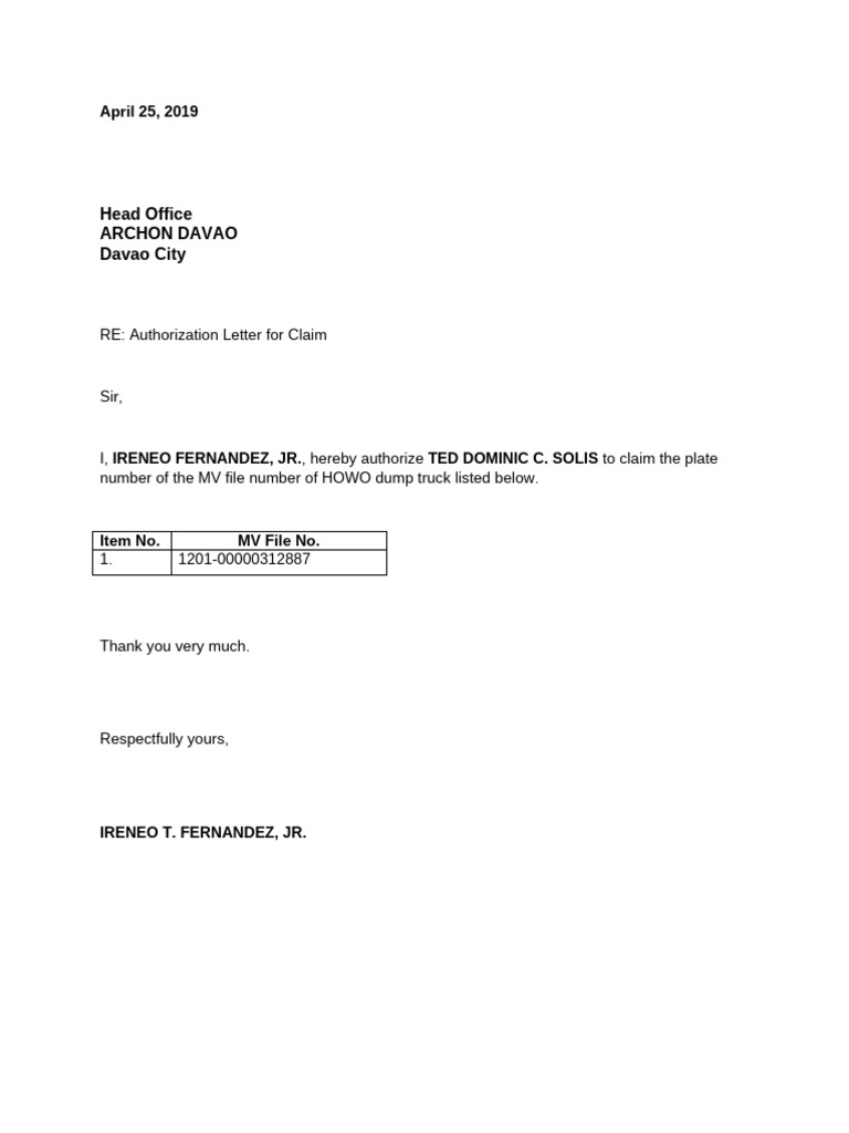 Authorization Letter Lto Claim Plate | PDF