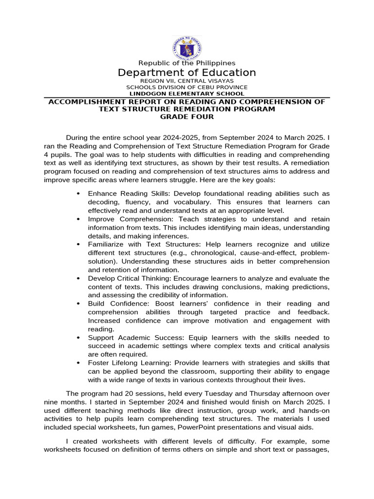 Grade 4 Reading Remediation Report | PDF | Reading Comprehension ...