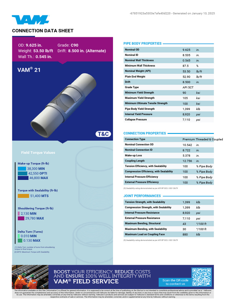 CDS VAM® 21 9.625in. 53.5lb-ft C90 Alt. Drift 8.500in. 87.5% | PDF | Pipe (Fluid Conveyance ...