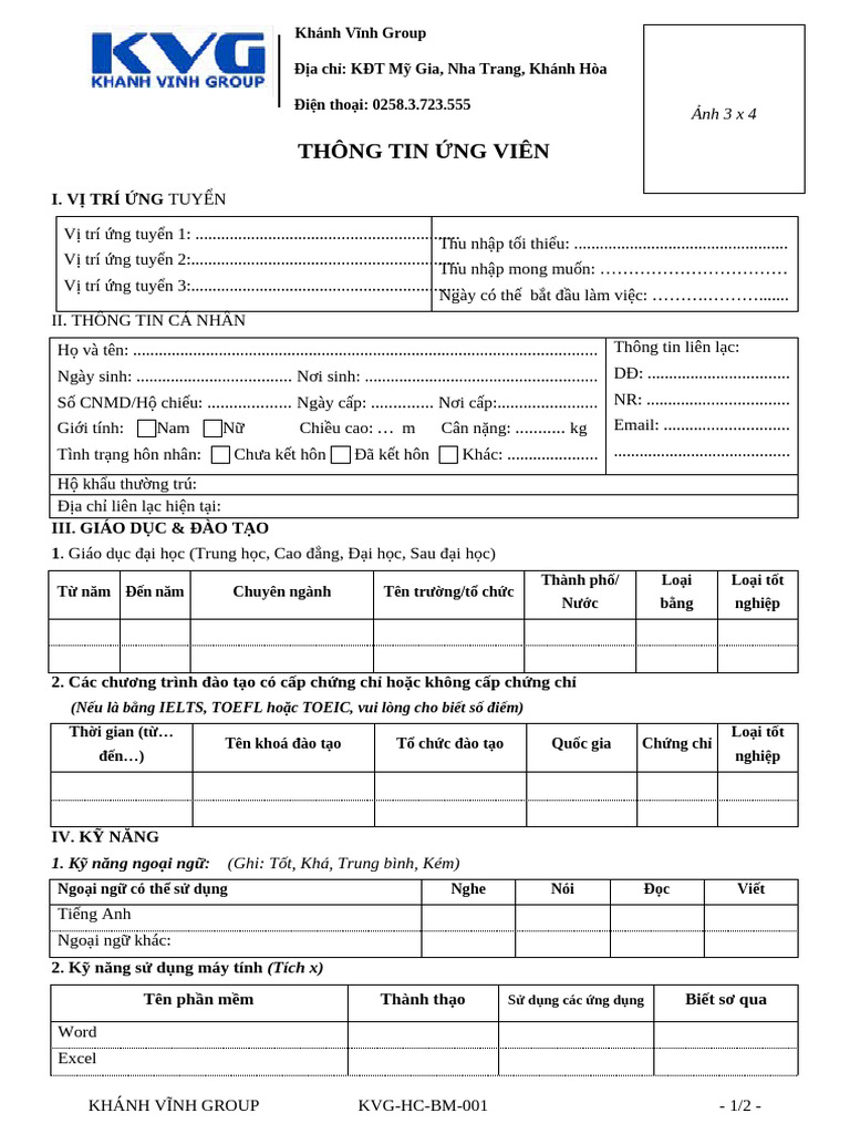 KVG-HC-BM-001 Thông Tin NG Viên | PDF