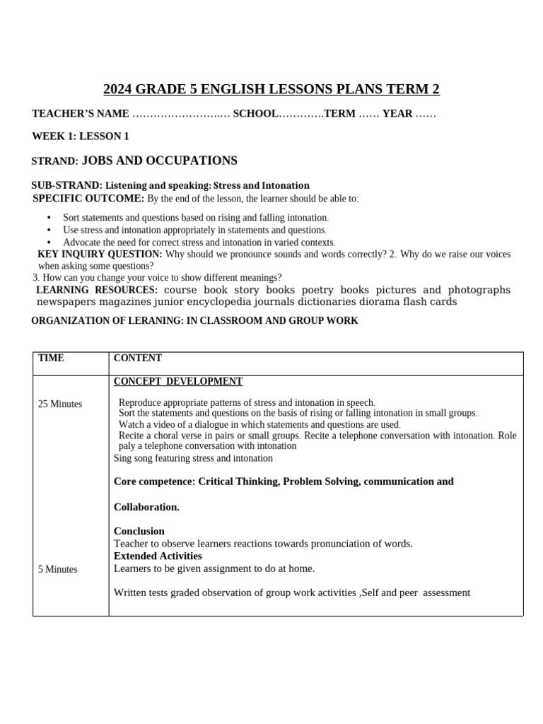 Grade-5 English Lessons Plans Term 2, 2024 | PDF | Learning | Critical ...