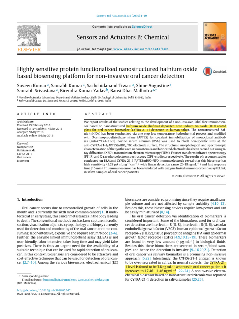 Non-Invasive Oral Cancer Biosensor | PDF | Biosensor | Elisa