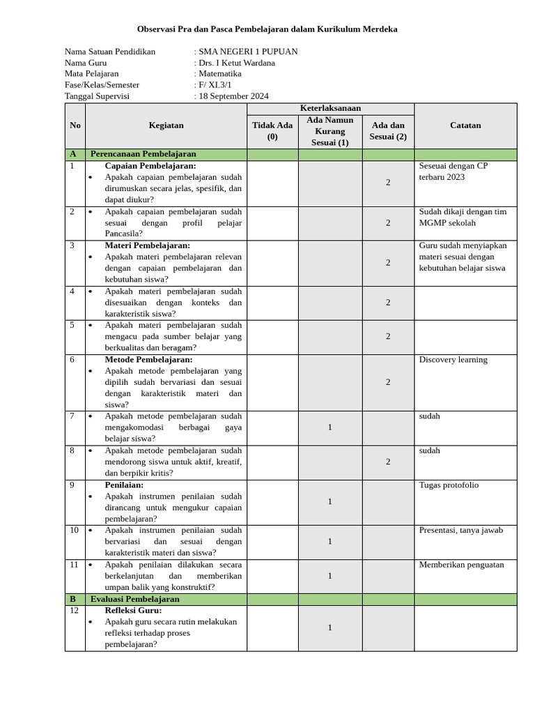 Instrumen Observasi Pra Dan Pasca Pembelajaran | PDF