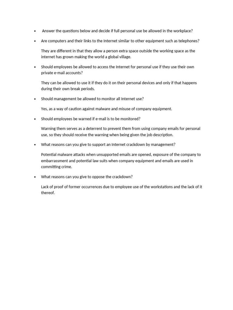Answer The Questions Below and Decide If Full Personal Use Be Allowed ...