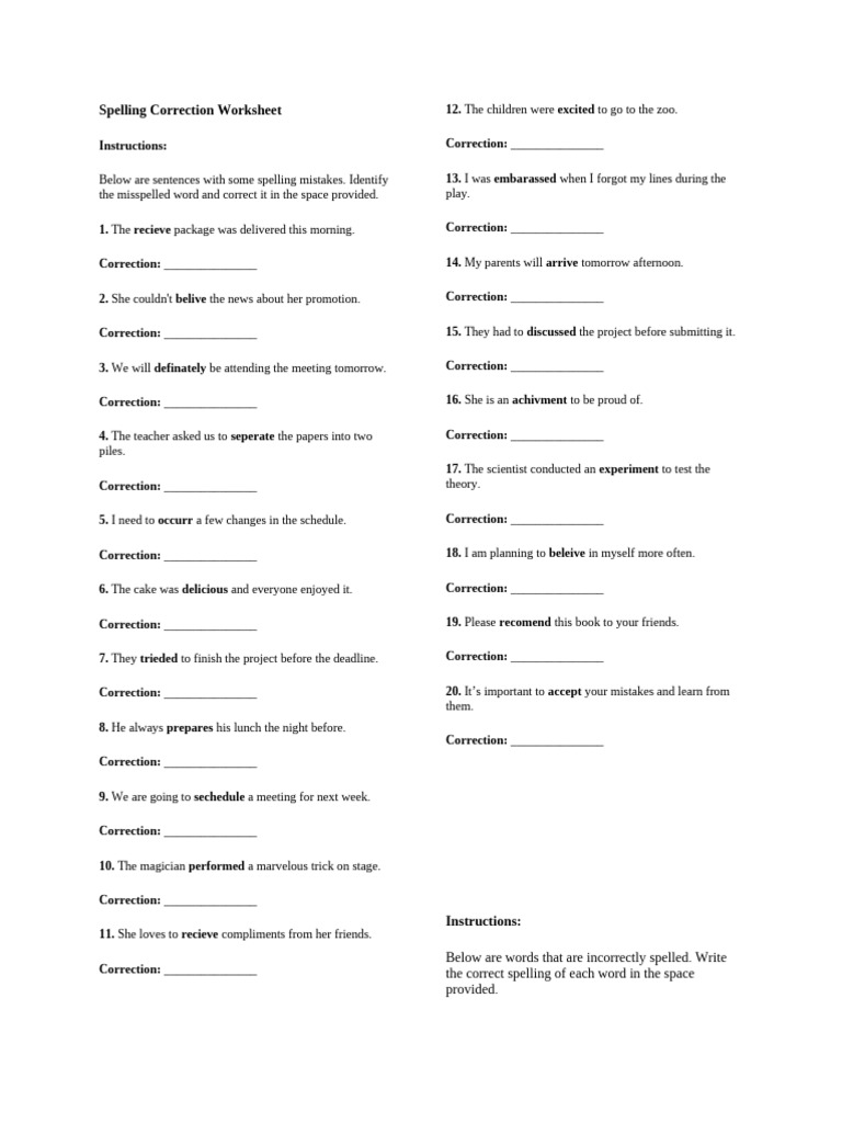 Spelling Correction Worksheet Pdf