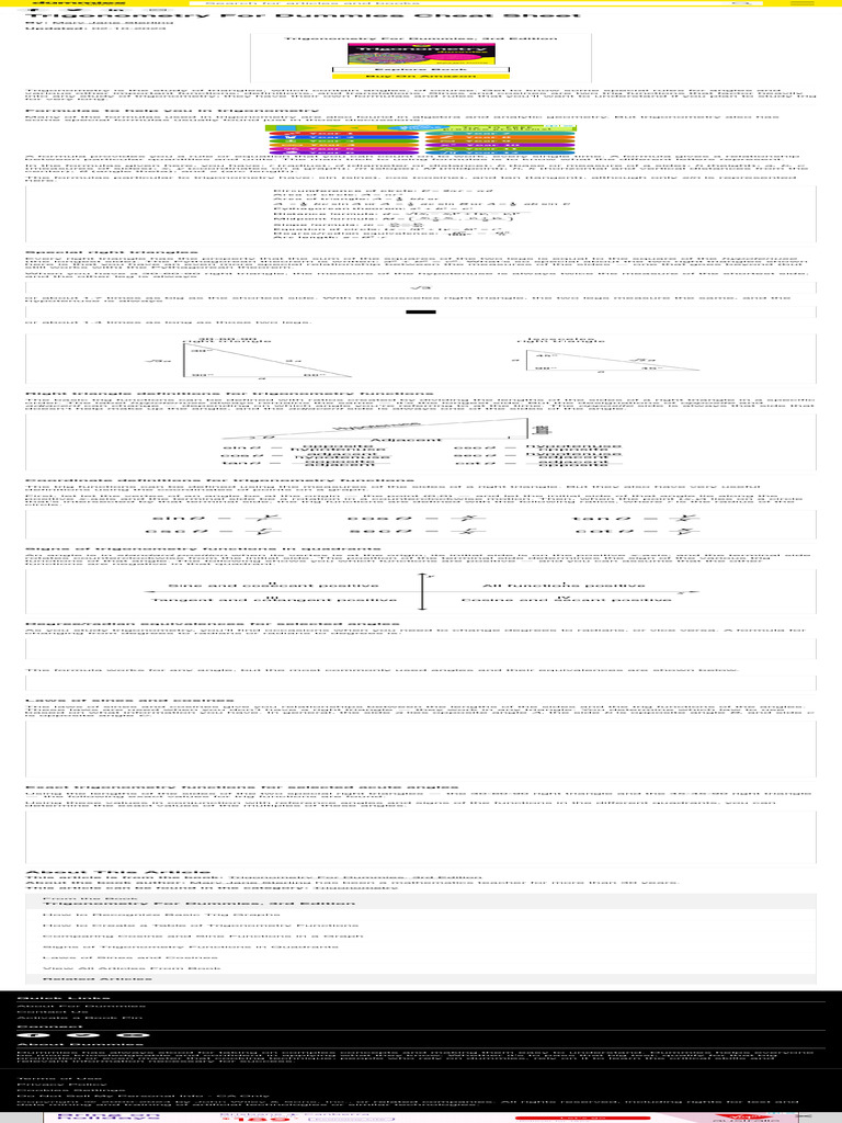 Trigonometry For Dummies Cheat Sheet | PDF | Trigonometry | Trigonometric Functions