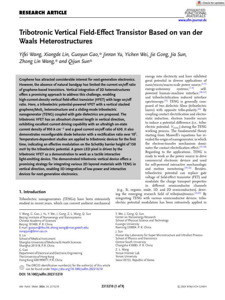 Adv Funct Materials - 2024 - Wang - Tribotronic Vertical Field Effect ...