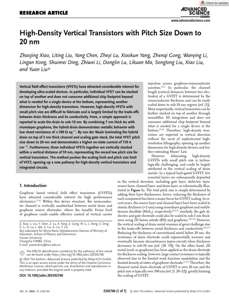 Advanced Science - 2023 - Xiao - High Density Vertical Transistors With ...