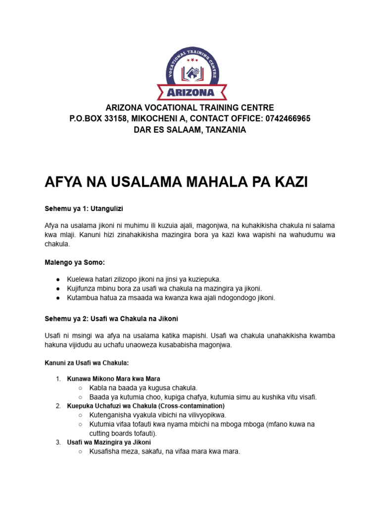 Afya Na Usalama Mahala Pa Kazi | PDF