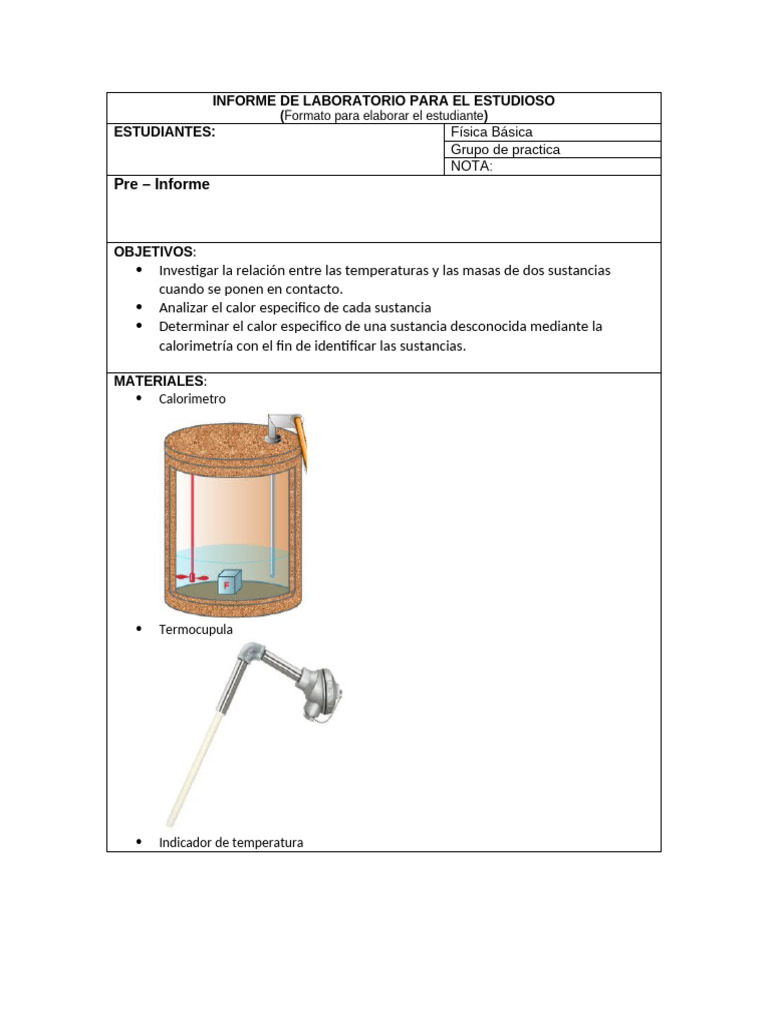 Formato para Laboratorio para Física Docx (1) - 1 | PDF | Temperatura | Calor