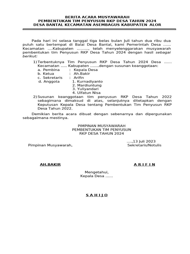 01 Berita Acara Musyawarah Pembentukan Tim Penyusun RKPDesa 2025 | PDF