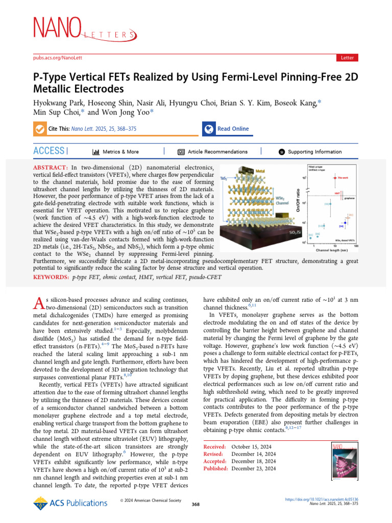 Park Et Al 2024 P Type Vertical Fets Realized by Using Fermi Level ...