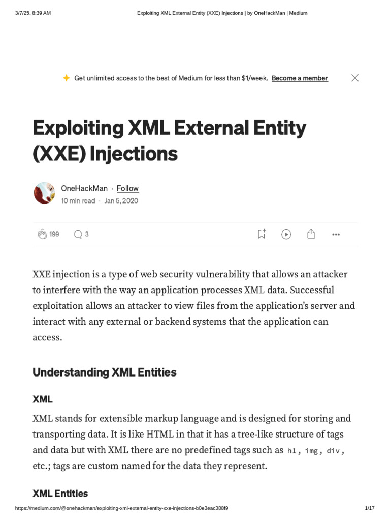 Exploiting XML External Entity (XXE) Injections - by OneHackMan - Medium | PDF | Xml | Html Element