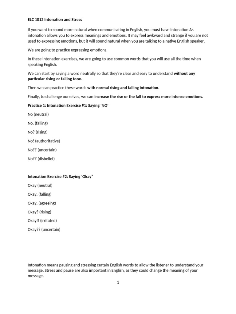 ELC 1012 Intonation and Stress | PDF | Word | Verb