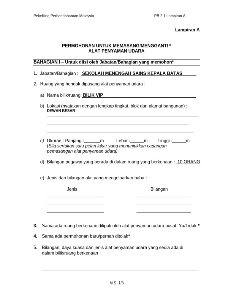 Borang Pb2.1 Lampiran a Permohonan Aircond Word | PDF