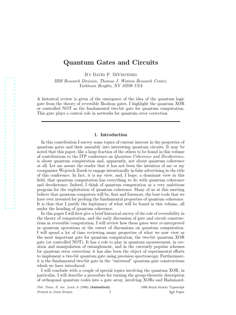 Quantum Gates and Circuits 9705009v1 | PDF | Quantum Computing ...