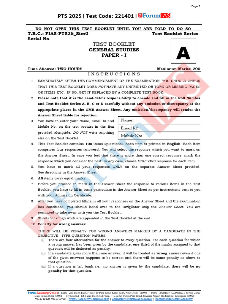 PTS 2025 General Studies Test Booklet | PDF | Government Of India