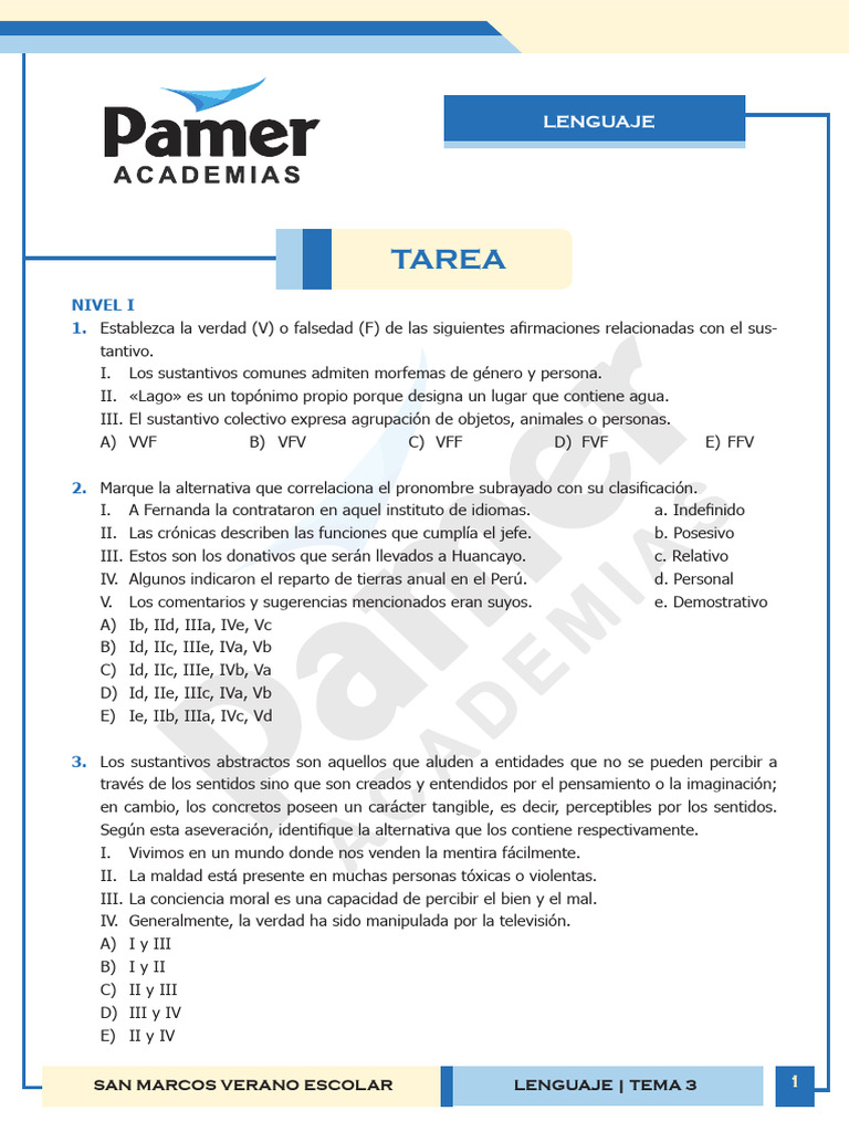 Lenguaje Tarea Verano Escolar 2025-1 Sem03 | PDF | Adjetivo | Pronombre