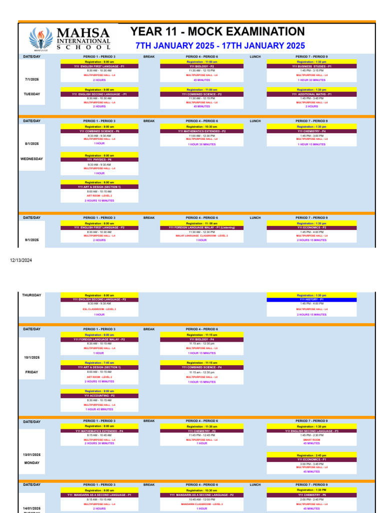 Year 11 - Mock Exam Timetable May-June 2025 Series | PDF