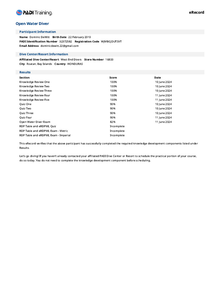 Open Water Diver eRecord for Dominic DeWitt | PDF
