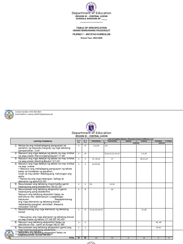 TOS-Q4_FILIPINO7 | PDF