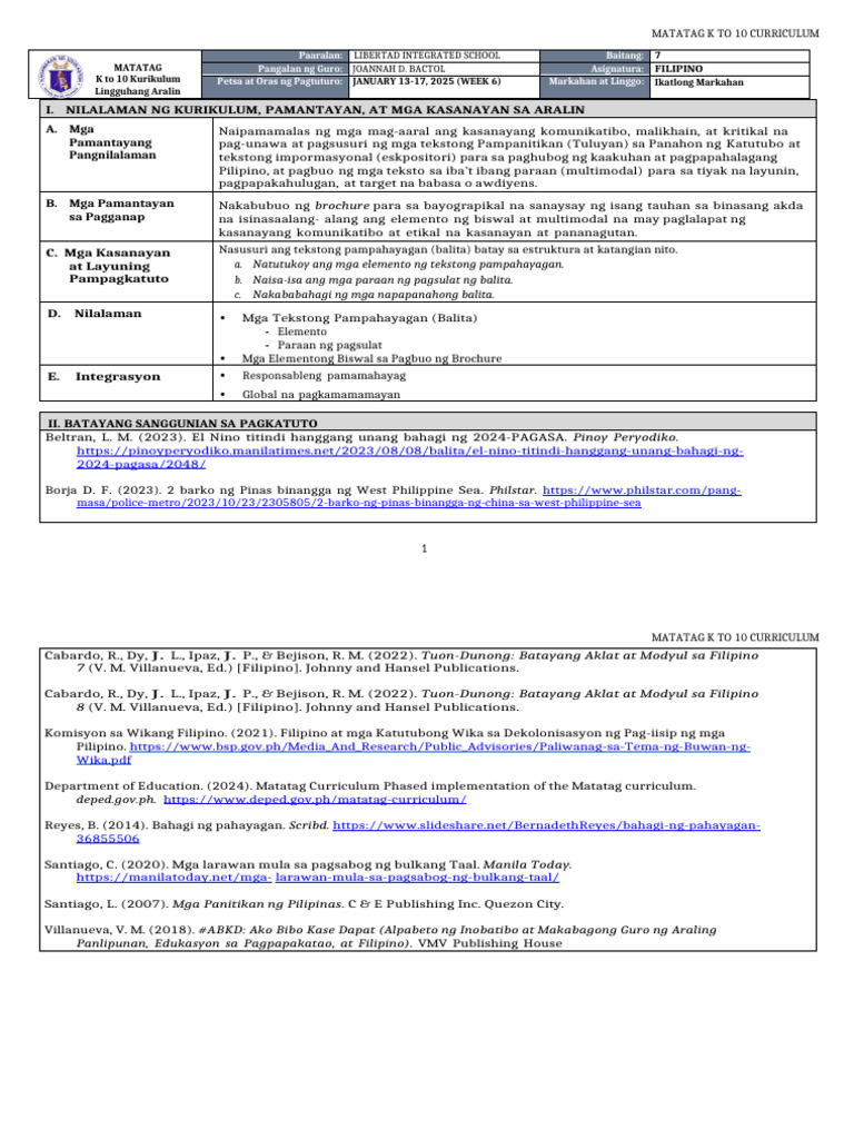 DLL Matatag - Filipino 7 Q3 W6 | PDF